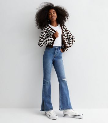 Girls Bright Blue High Waist Ripped Knee Split Hem Stevie Flared Jeans ...