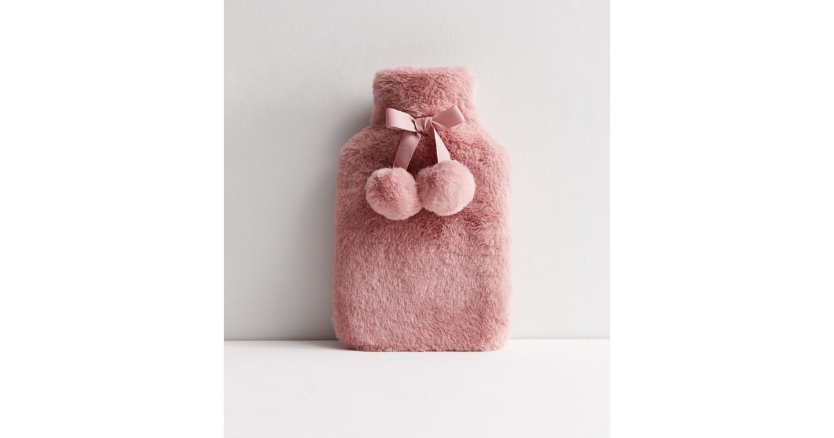 Pink Faux Fur Pom Pom Hot Water Bottle | New Look