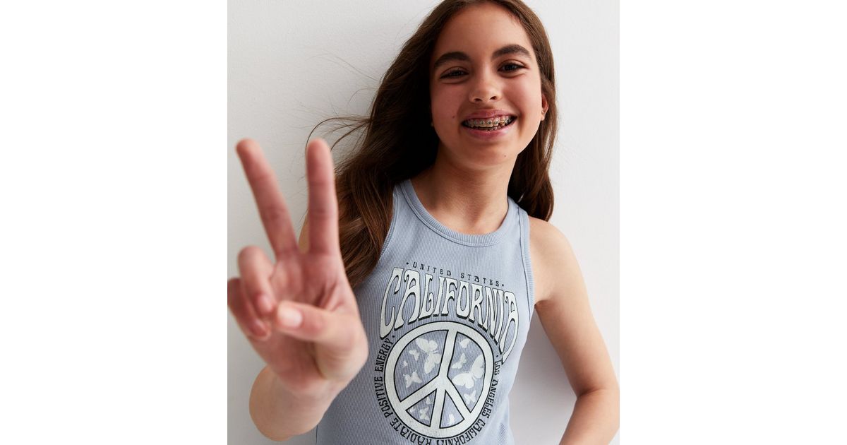 Girls Pale Blue California Logo Ribbed Racer Vest | New Look