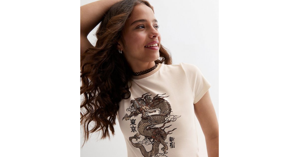 Girls Cream Dragon Logo Ringer T-Shirt | New Look