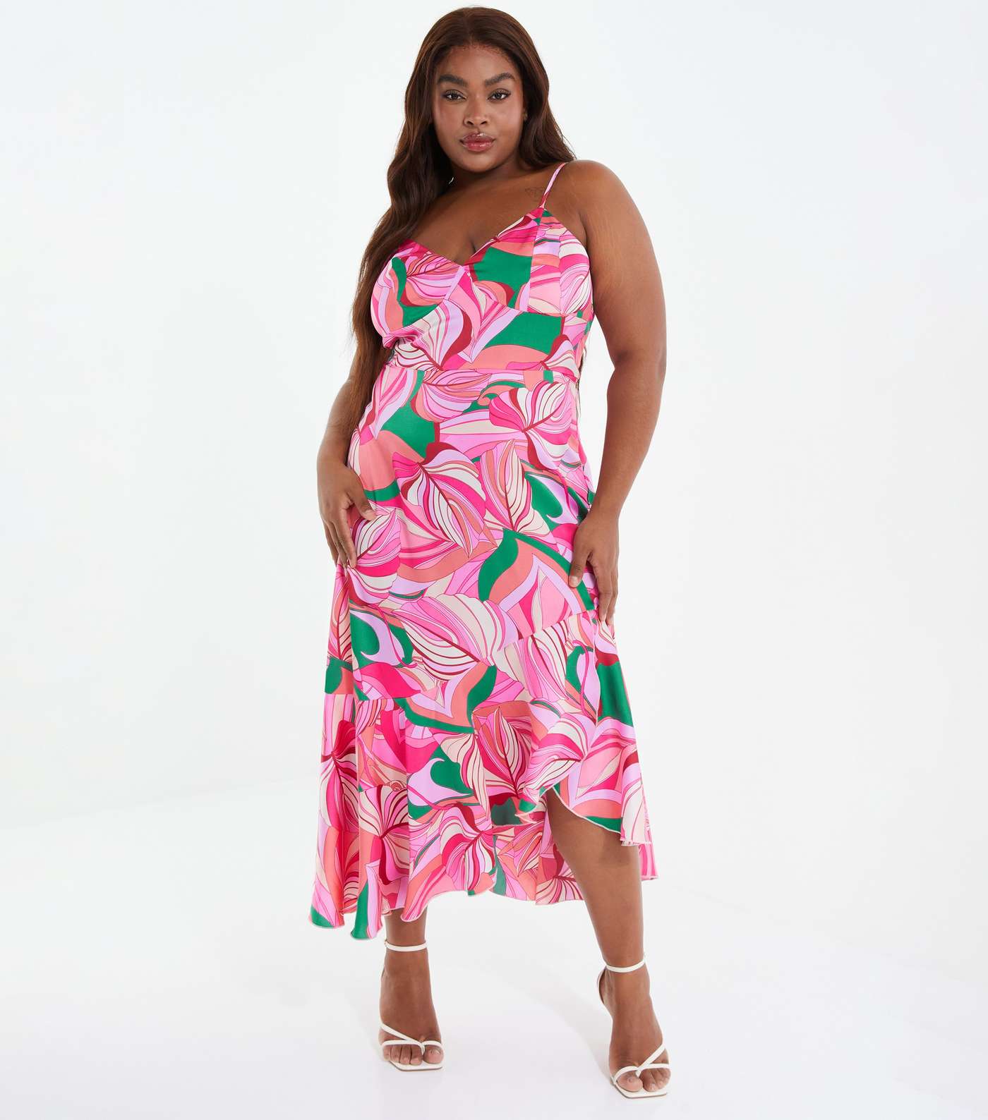 Quiz Curves Pink Floral Strappy Midi Dress New Look