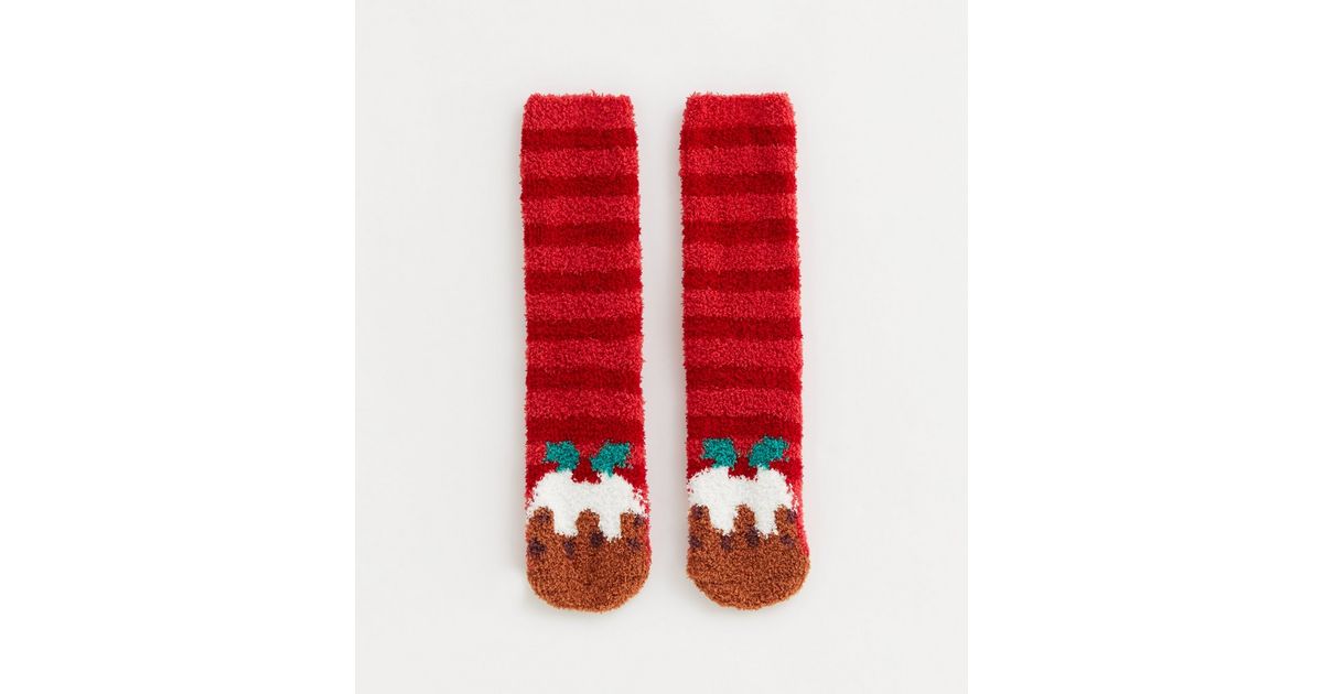 Red Christmas Pudding Fluffy Socks | New Look