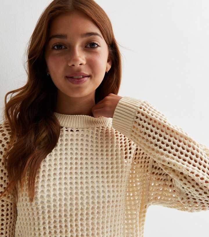 Girls Cream Open Knit Crew Neck Jumper | New Look