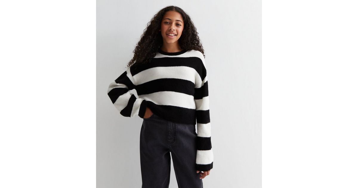 Girls Black Stripe Fluffy jumper | New Look