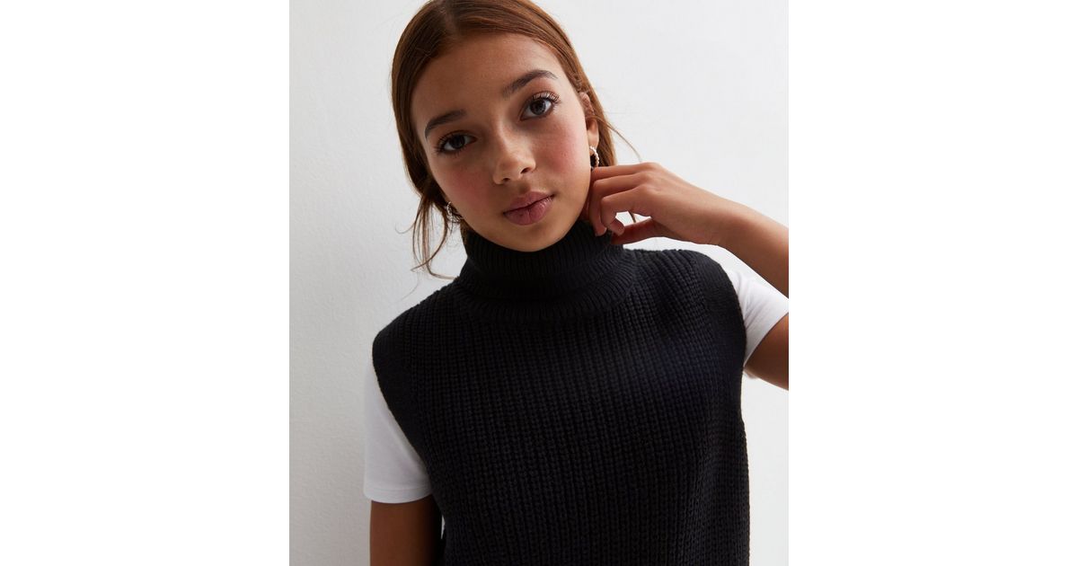 Girls Black Chunky Knit Roll Neck Vest | New Look