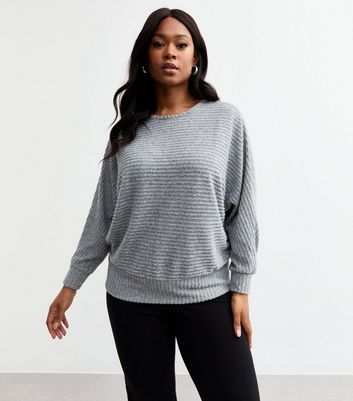Curves Grey Ribbed Knit Batwing Top | New Look