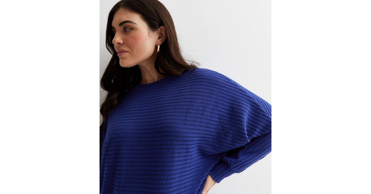 Curves Bright Blue Ribbed Knit Batwing Top | New Look