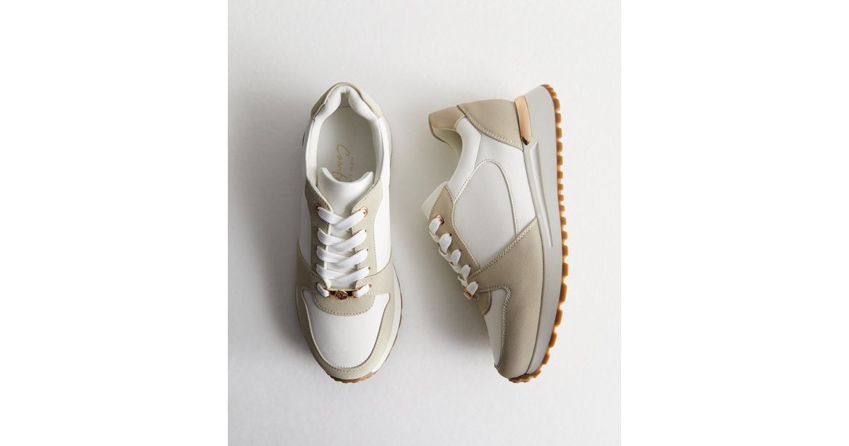 White Leather-Look Contrast Chunky Trainers | New Look