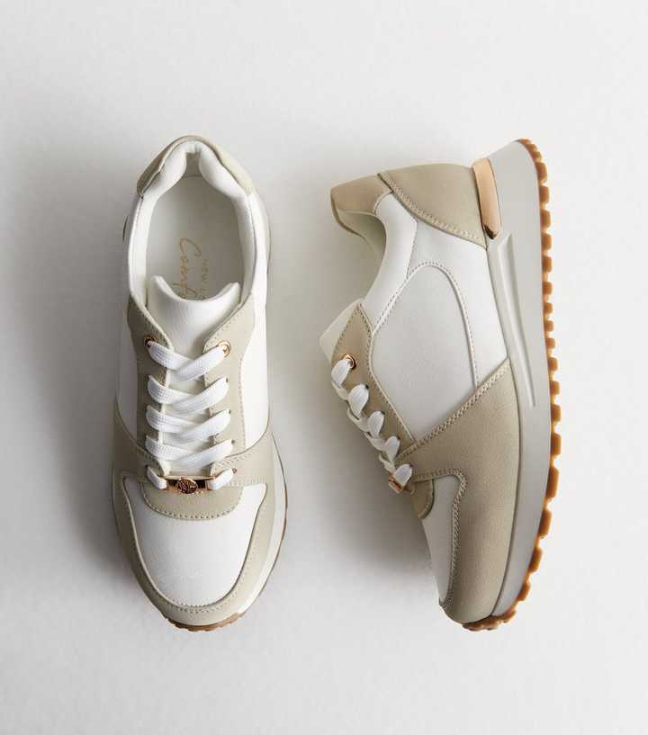White Leather-Look Contrast Chunky Trainers | New Look