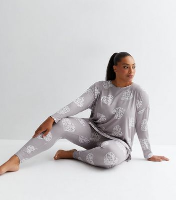 Curves Light Grey Soft Touch Leggings Pyjama Set with Heart Print | New ...