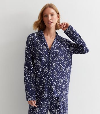 Maternity Navy Revere Trouser Pyjama Set with Heart Print | New Look