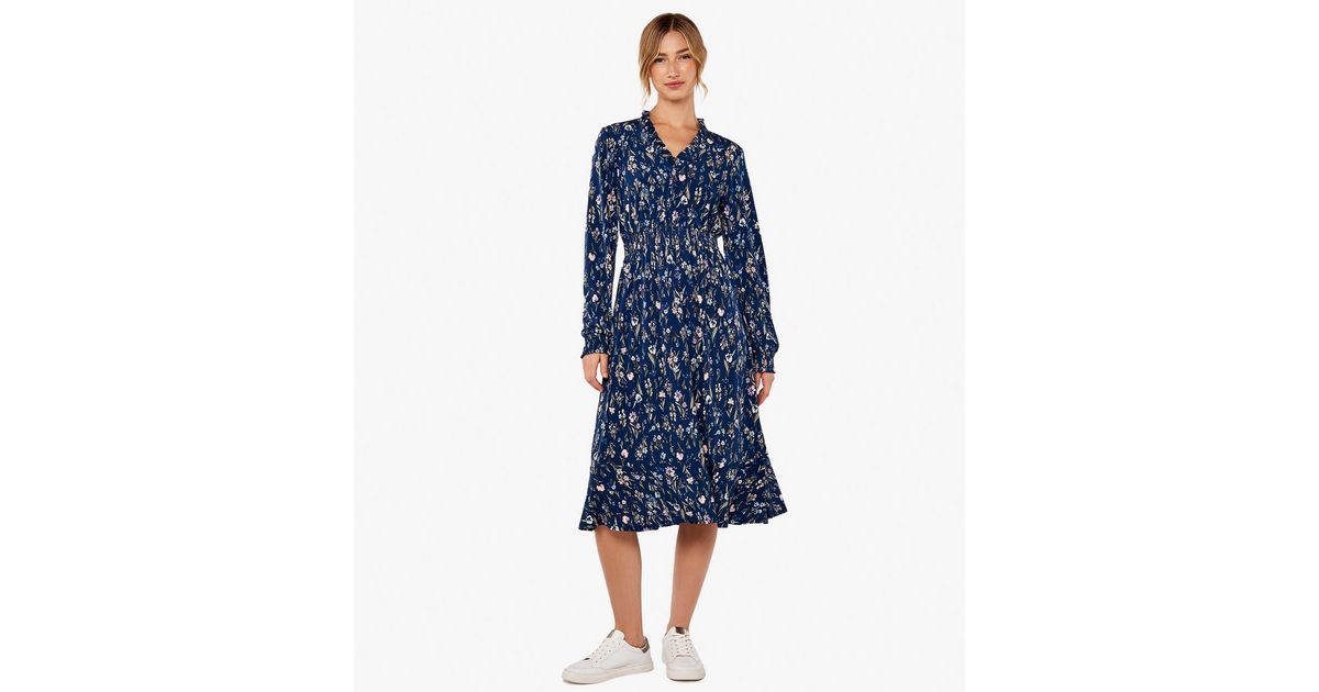 Apricot Navy Floral Ruffle Neck Midi Dress New Look