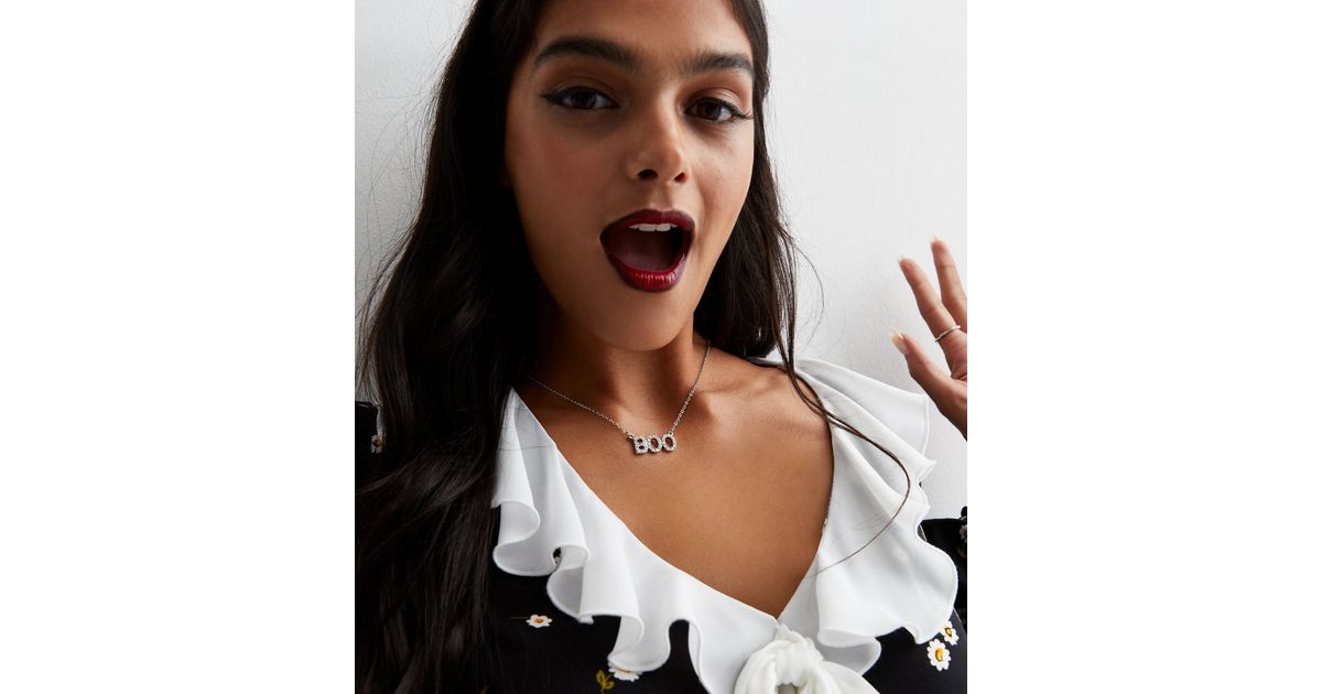 Silver Diamanté Boo Charm Chain Necklace | New Look