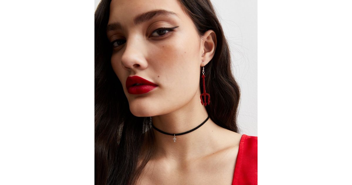 Red Glitter Devil Fork Drop Earrings | New Look
