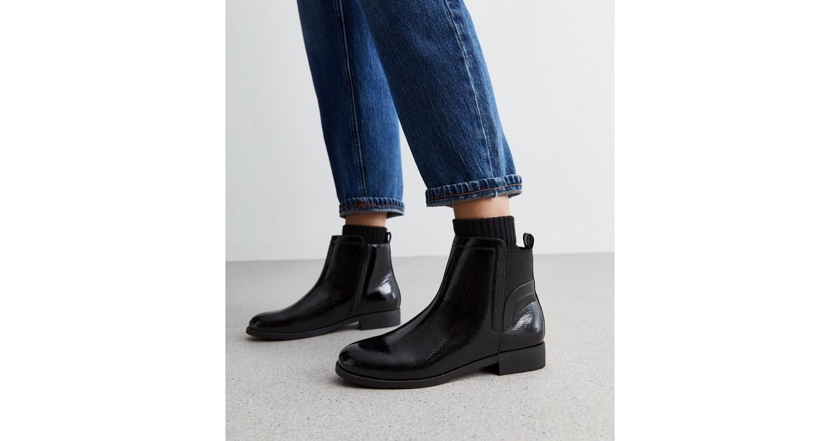 Wide Fit Black Patent Chelsea Boots | New Look