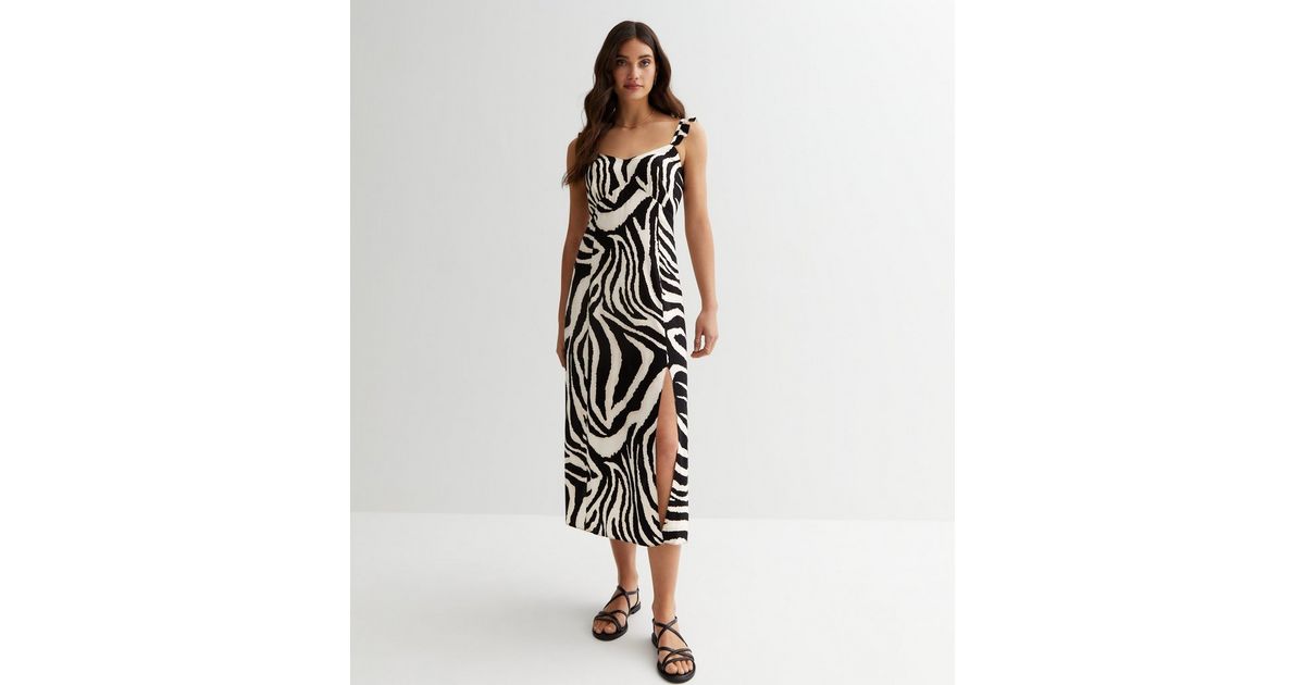 Black Zebra Print Split Hem Midi Dress | New Look