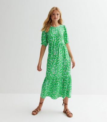 Green Pattern Tiered Smock Midi Dress | New Look