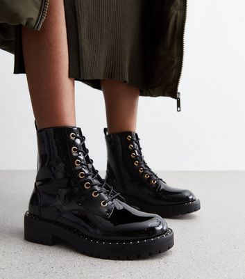 Black Patent Chunky Lace Up Biker Boots | New Look