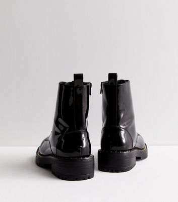 Black Patent Chunky Lace Up Biker Boots | New Look