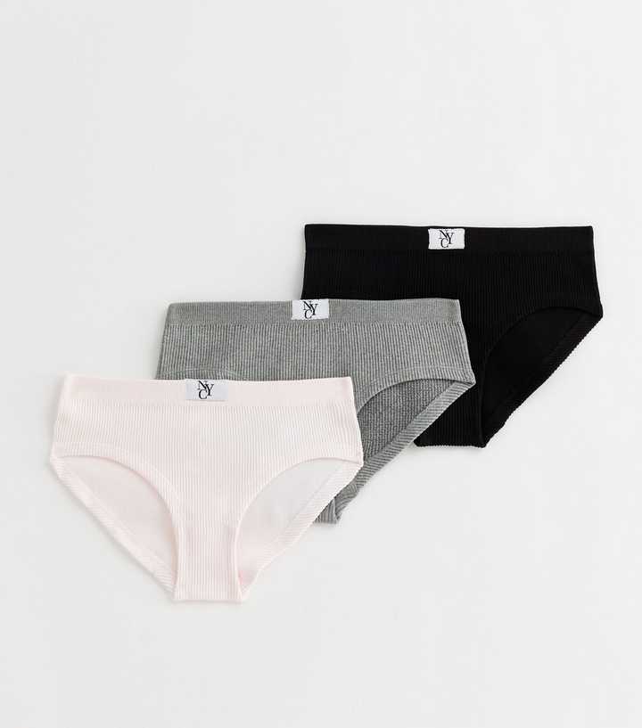 Girls 3 Pack White Grey and Black Seamless Tab Front Briefs | New Look