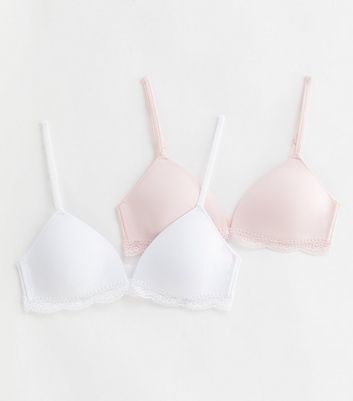 Girls 2 Pack Pink and White Lace Trim Triangle Bras | New Look