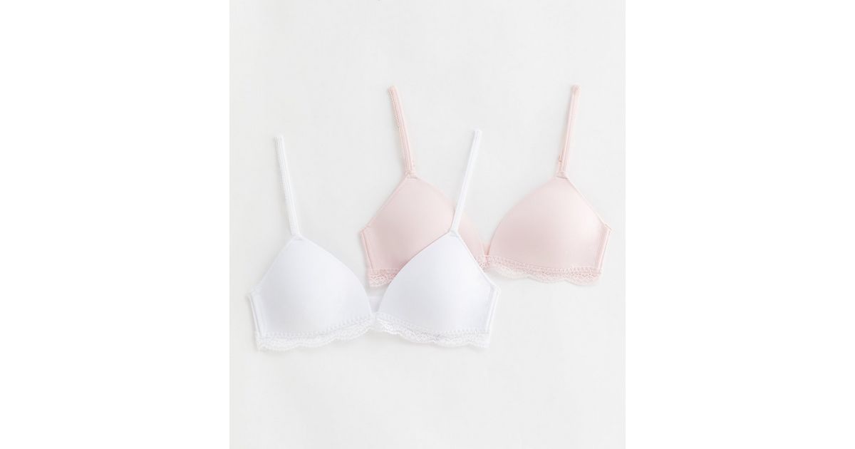 Girls 2 Pack Pink and White Lace Trim Triangle Bras | New Look