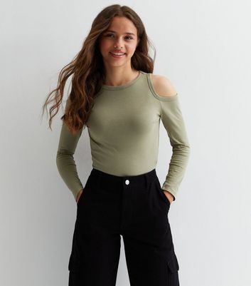 Girls Olive Long Sleeve Cold Shoulder Top | New Look