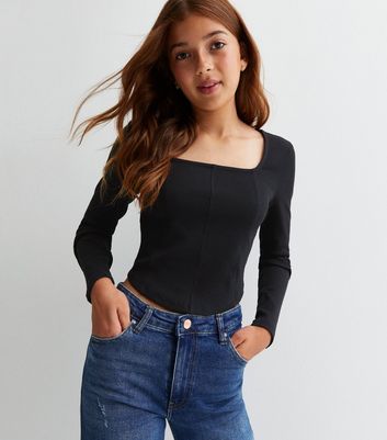 Girls Black Square Neck Ribbed Corset Top | New Look
