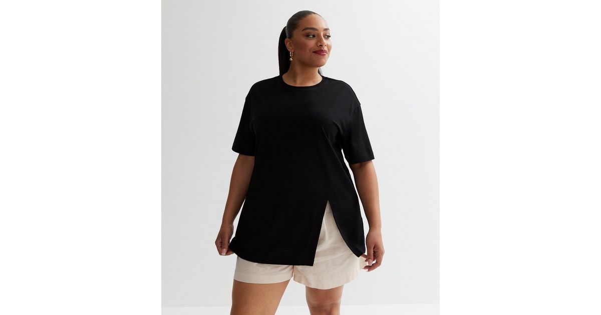 Curves Black Split Hem T-Shirt | New Look