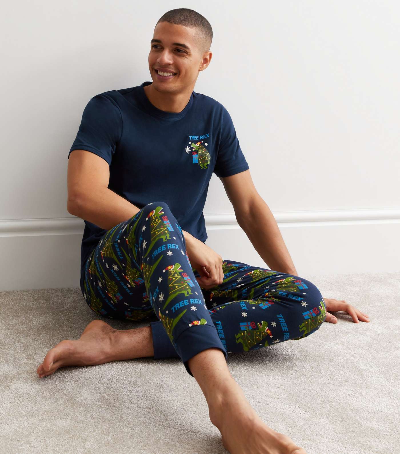 Navy Cuffed Jogger Pyjama Set With Tree Rex Print New Look