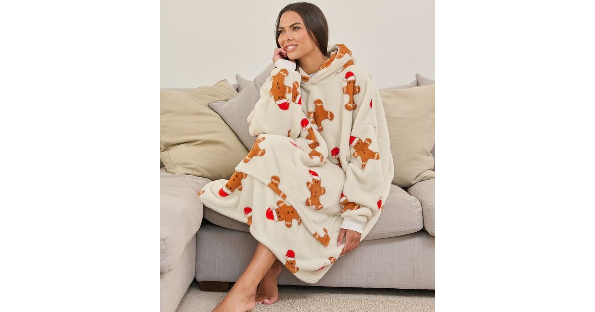Loungeable Off White Gingerbread Print Fleece Blanket Hoodie | New Look