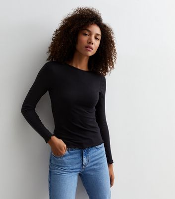 Black Ribbed Frill Long Sleeve Top | New Look