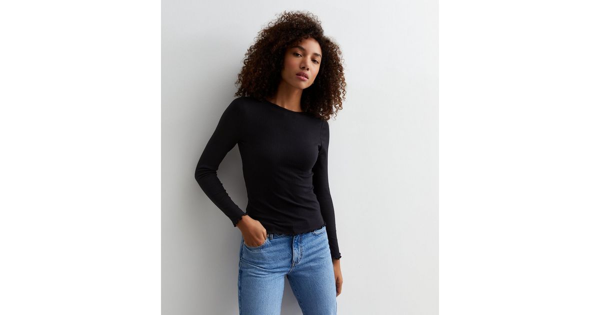 Black Ribbed Frill Long Sleeve Top | New Look
