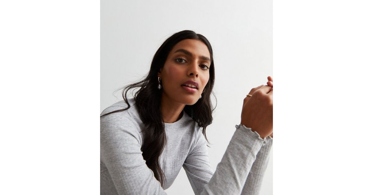 Grey Ribbed Frill Long Sleeve Top | New Look