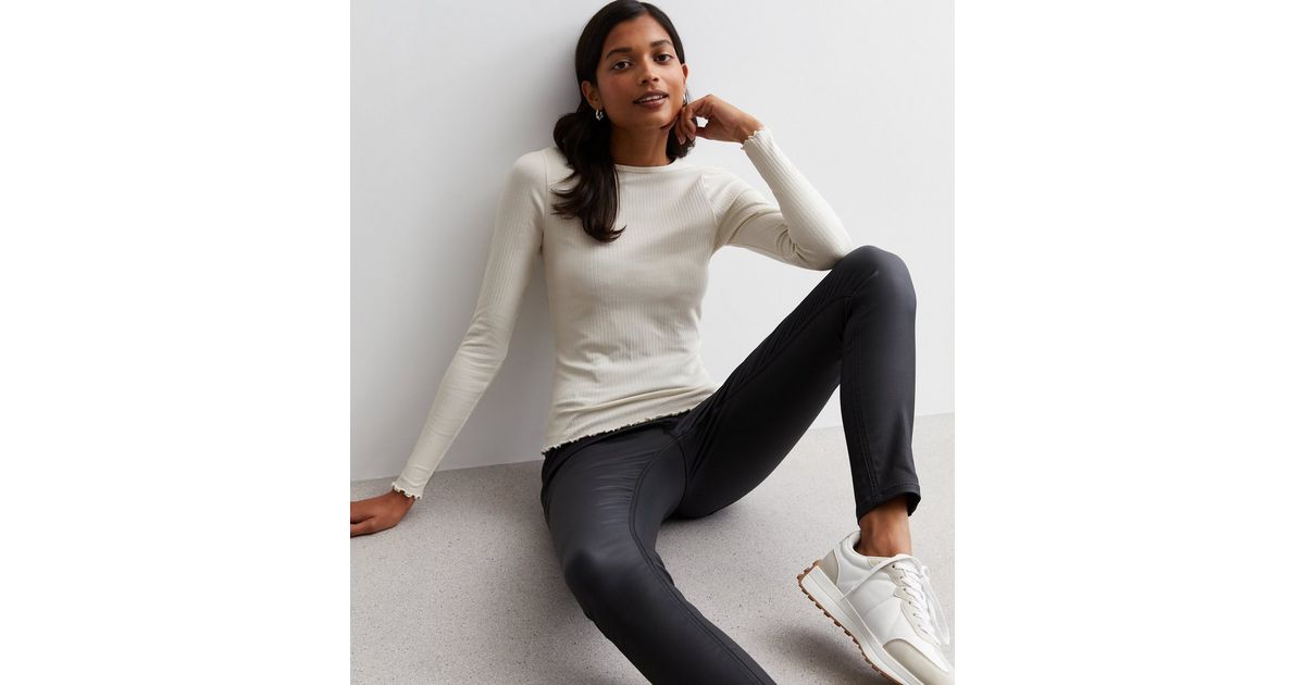 Cream Ribbed Frill Long Sleeve Top | New Look