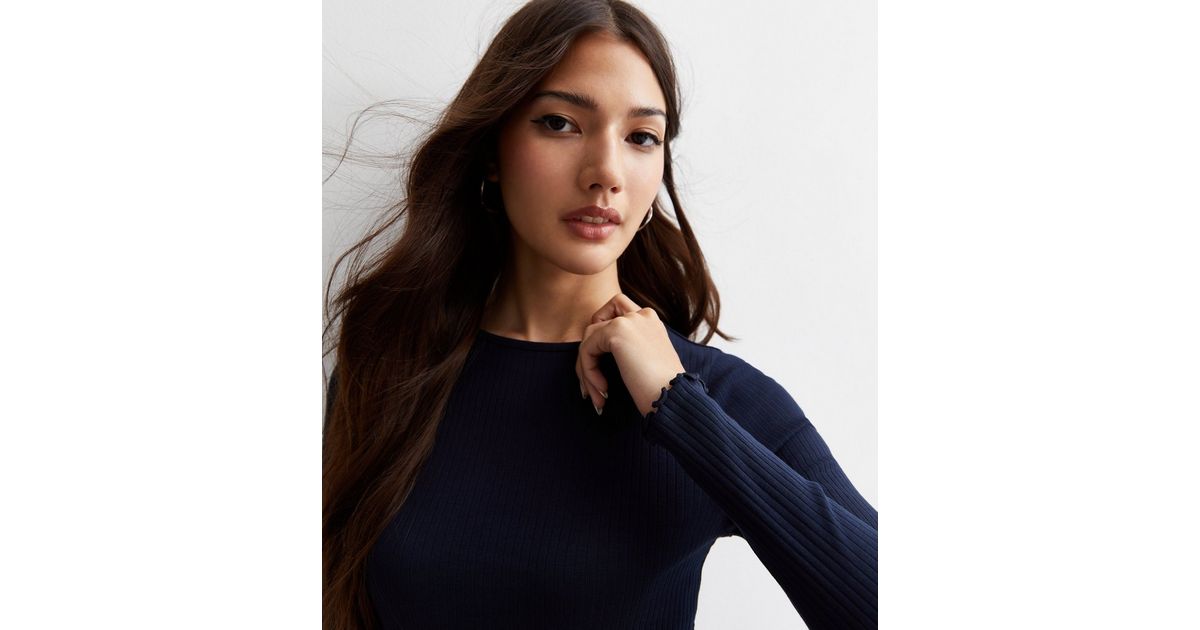 Navy Ribbed Frill Long Sleeve Top | New Look