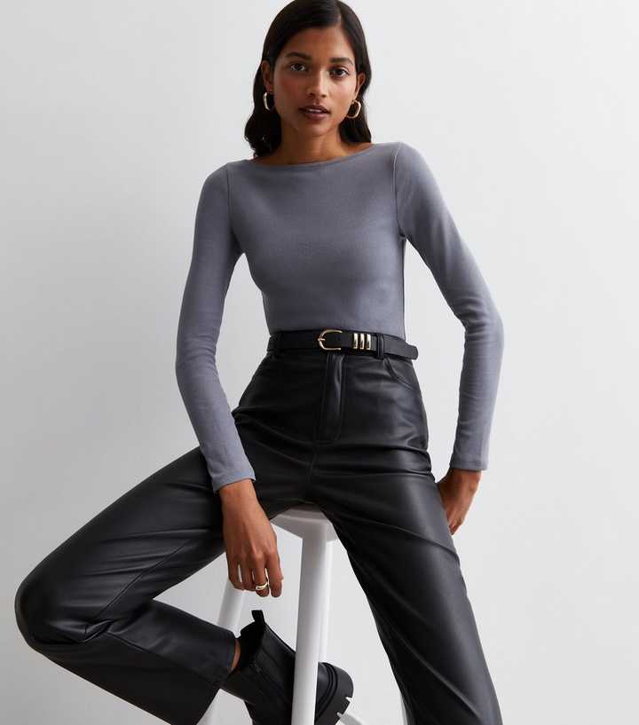 Dark Grey Ribbed Slash Neck Top | New Look