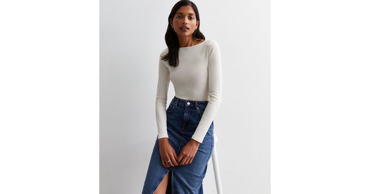 Cream Ribbed Slash Neck Top | New Look