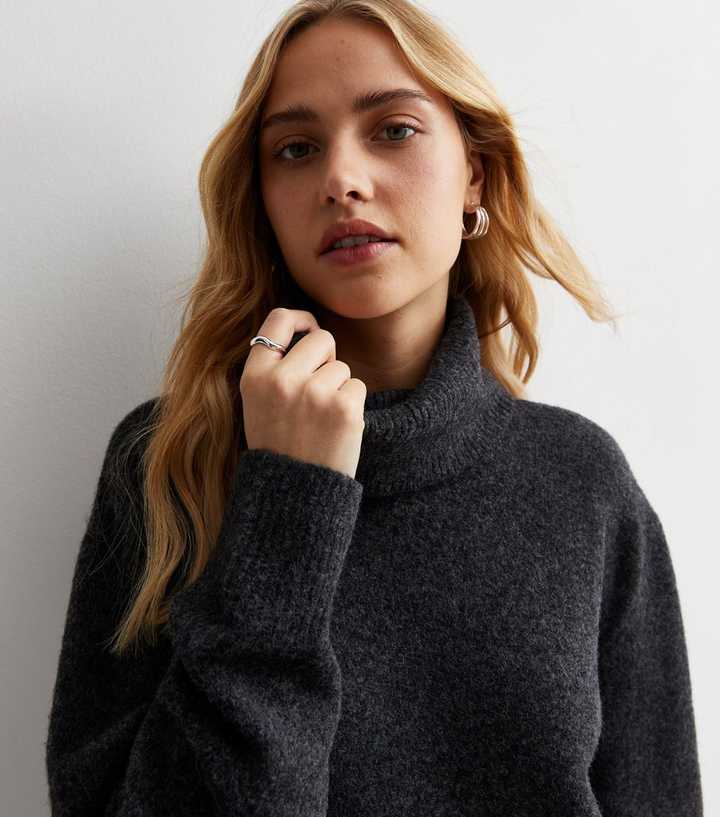 Dark Grey Knit Roll Neck Longline Jumper | New Look