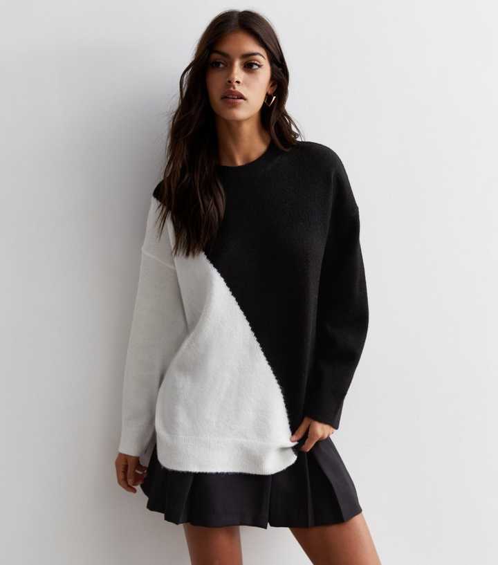 Black Diagonal Colour Block Knit Jumper | New Look