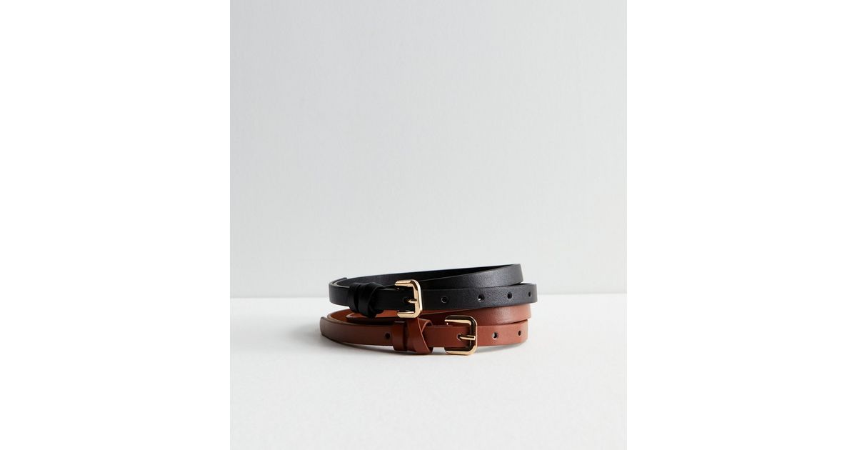 2 Pack Black and Tan Skinny Buckle Belts | New Look