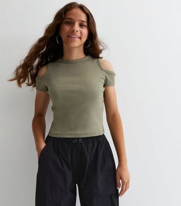 Girls Olive Cold Shoulder Crew Neck Top | New Look