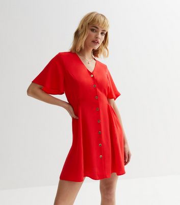 Red Button Front Mini Dress | New Look