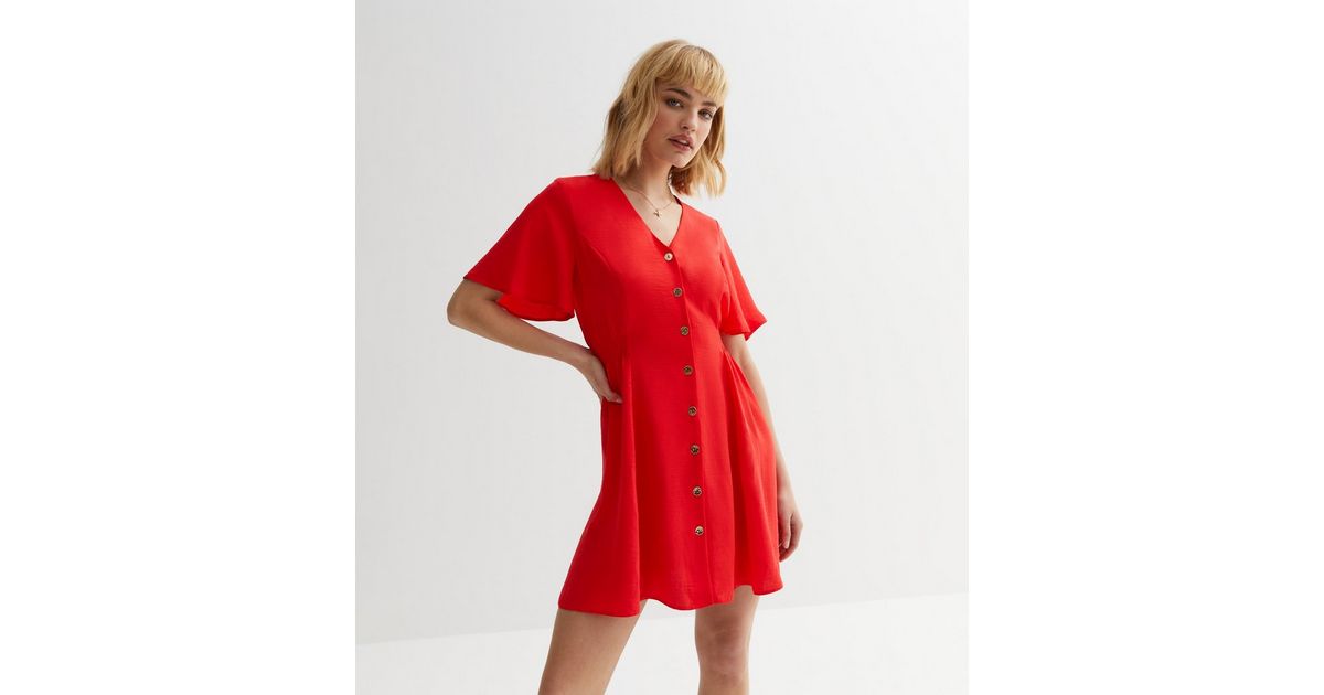 Red Button Front Mini Dress | New Look