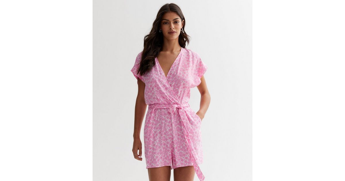 Pink Floral Belted Playsuit | New Look