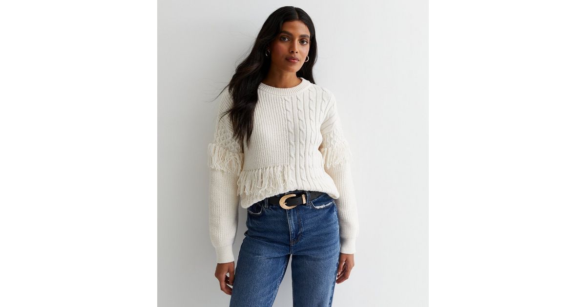 Off White Patchwork Knit Fringe Jumper | New Look