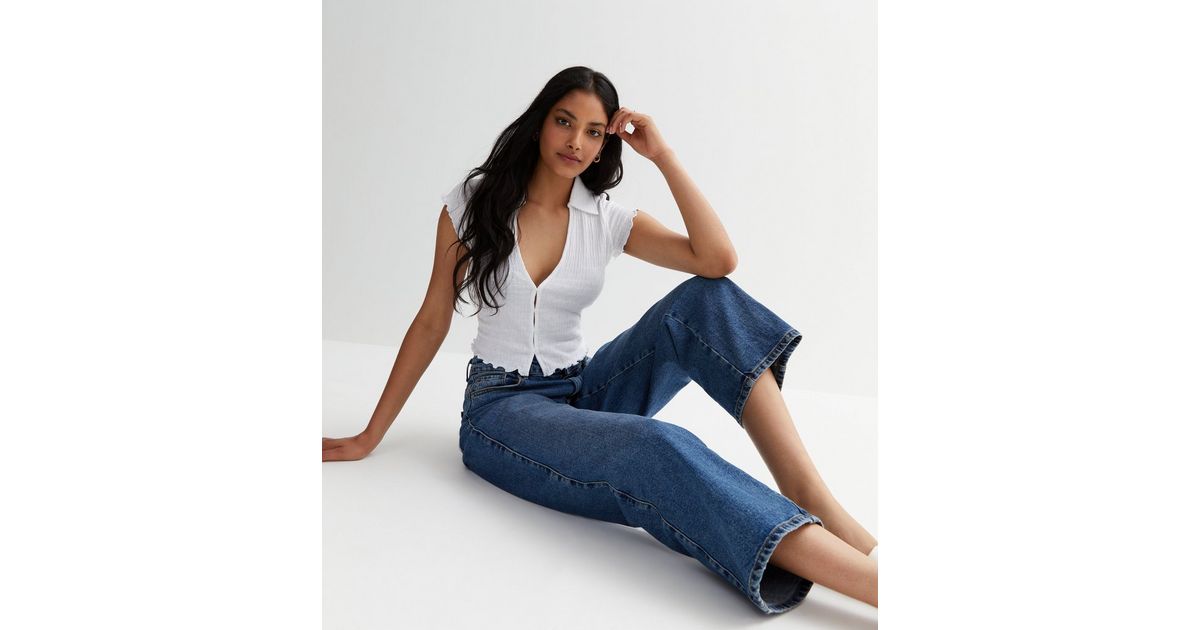 White Ribbed Button Front Crop Top | New Look