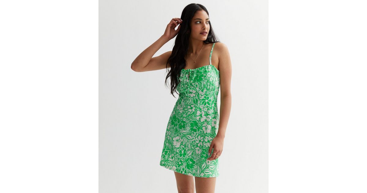 Green Floral Crinkle Strappy Mini Dress New Look