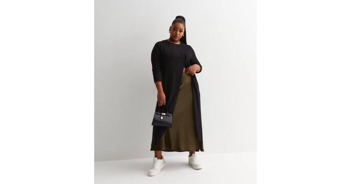 Curves Black Fine Knit Longline Wrap Top | New Look