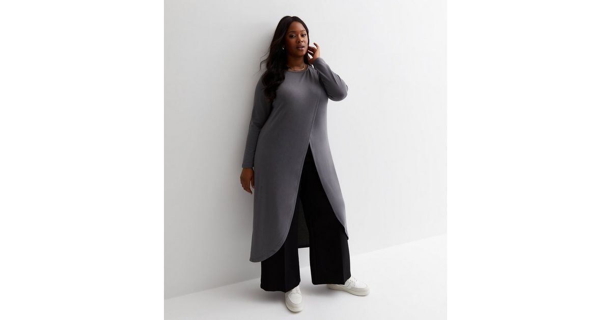 Curves Grey Fine Knit Longline Wrap Top | New Look